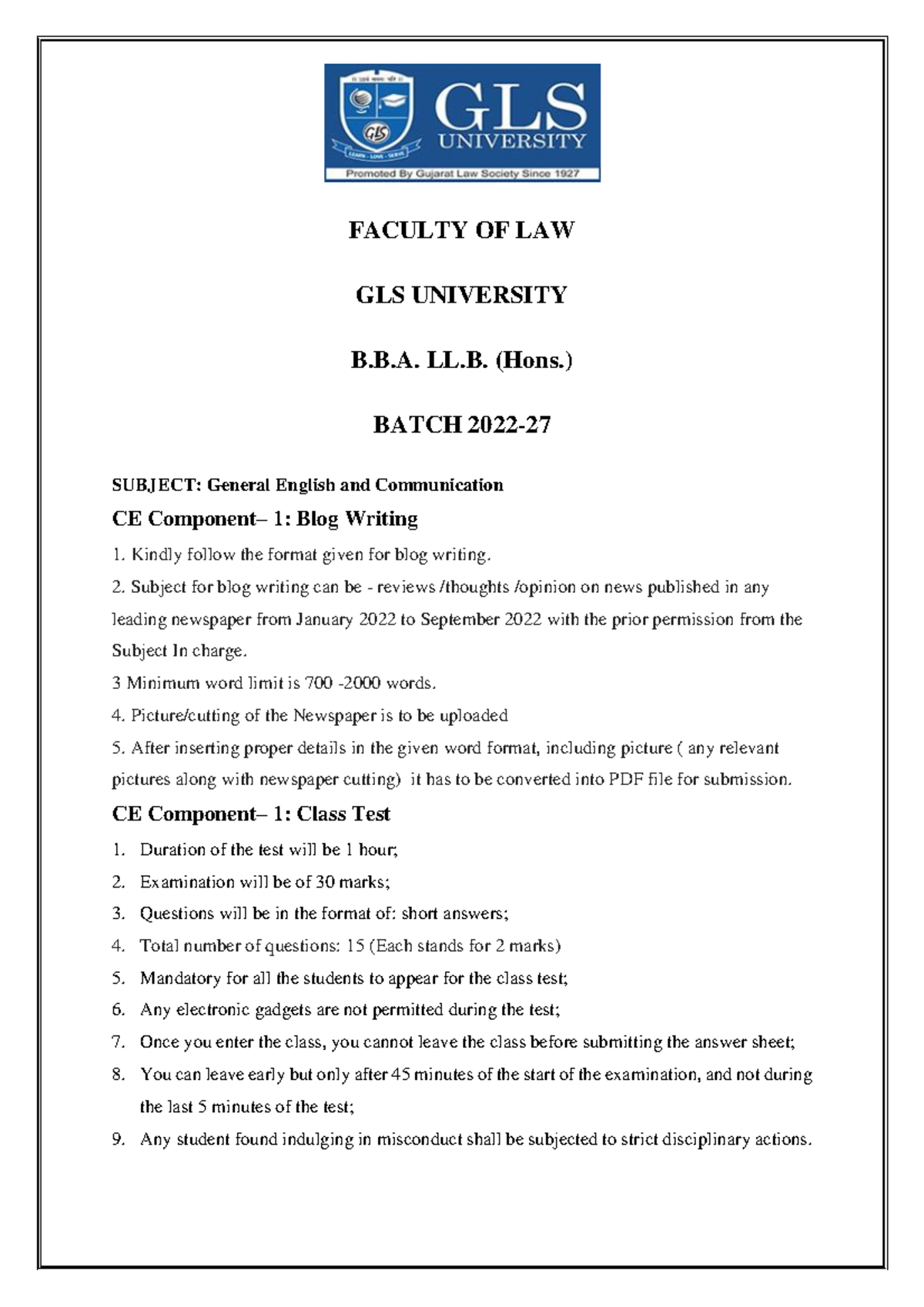Continuous Evaluation Subjects SEM - 1 Final BBA LLB Hons. - FACULTY OF LAW GLS UNIVERSITY B.B ...
