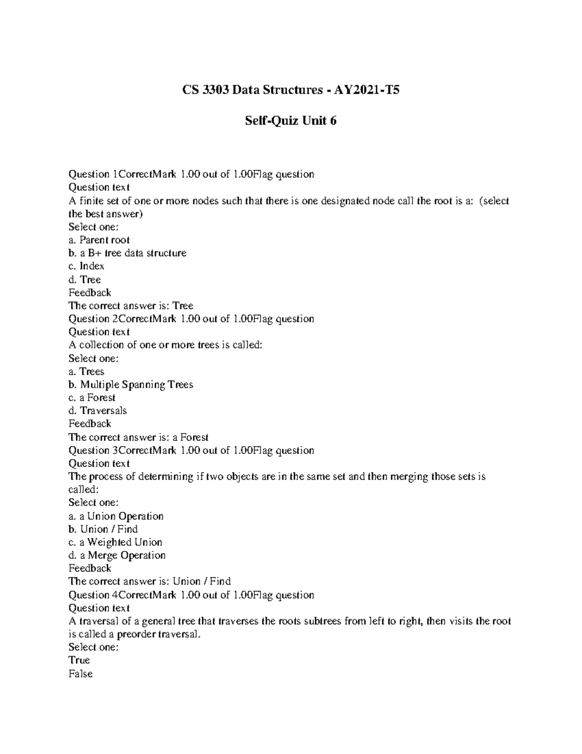 Cs 3303 Data Structures Ay2021 T5 Self Quiz Unit 5 Cs 3303 Data Structures Ay2021 T 