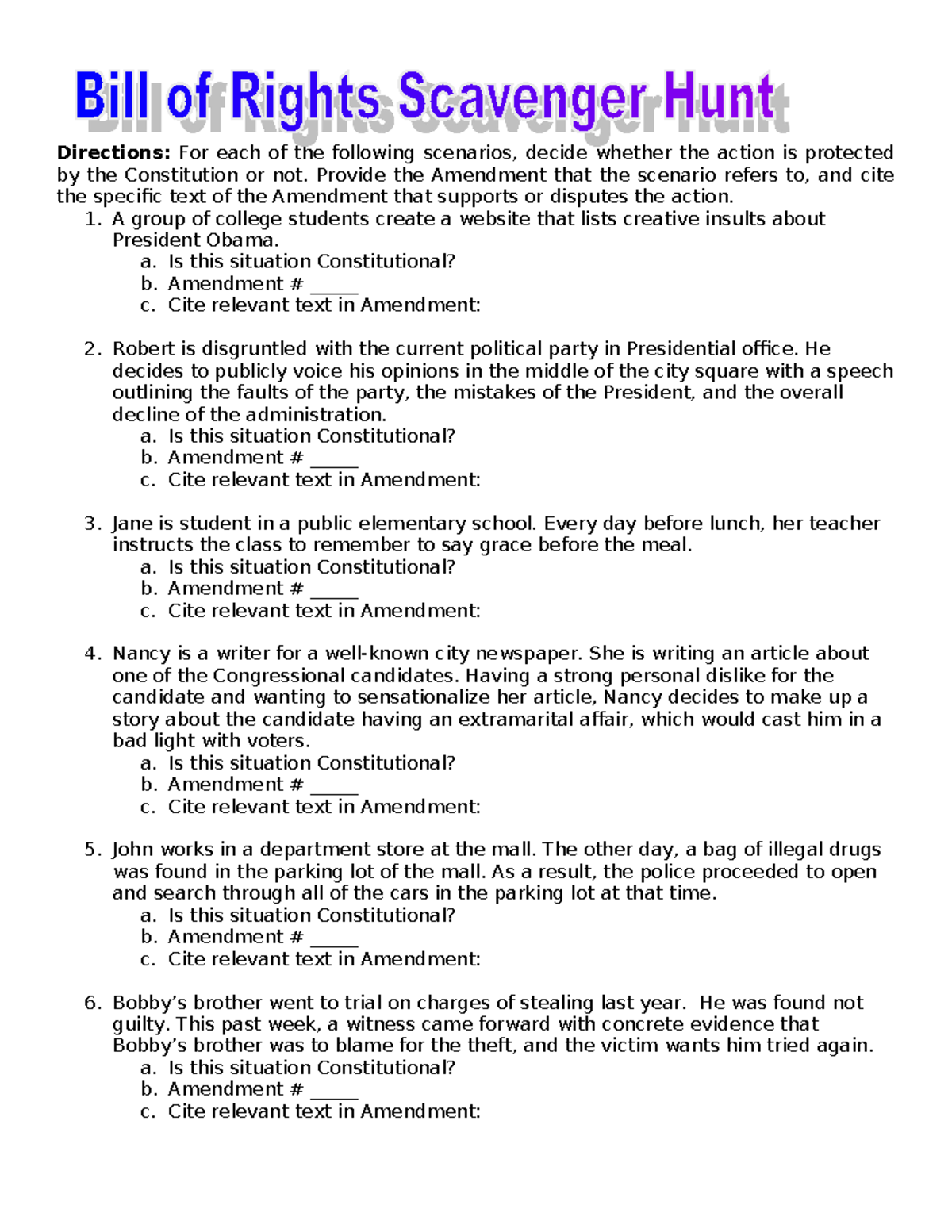 Bill of Rights Scavenger Hunt - Directions: For each of the following ...