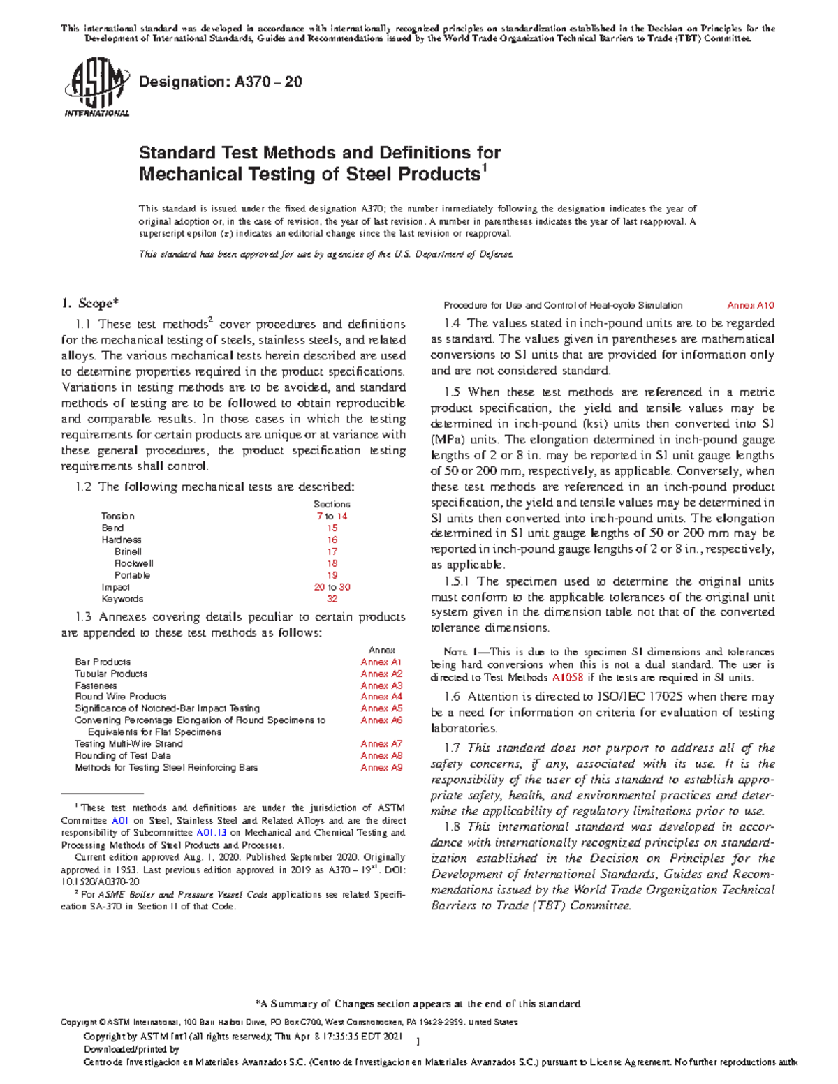ASTM A370-20 Mechanical Testing of Steel Products - Designation: A370− ...