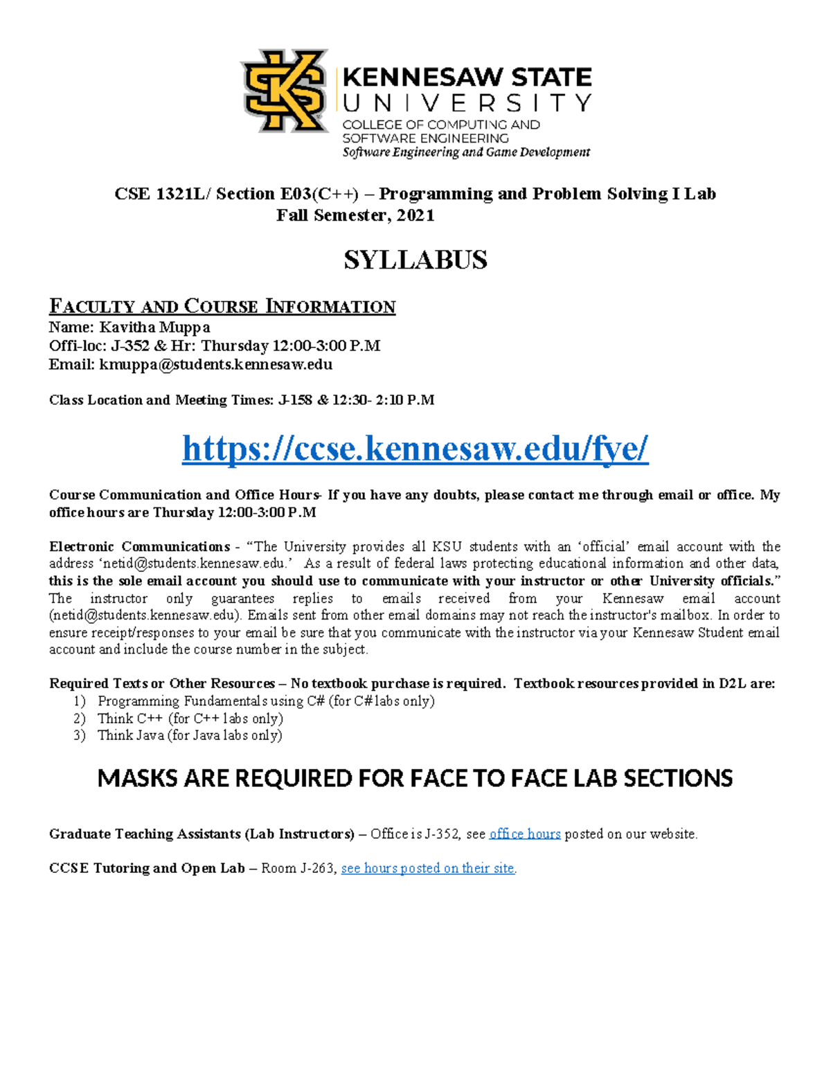 1321 c++ syllabus - qweqw - CSE 1321L/ Section E03(C++) – Programming ...