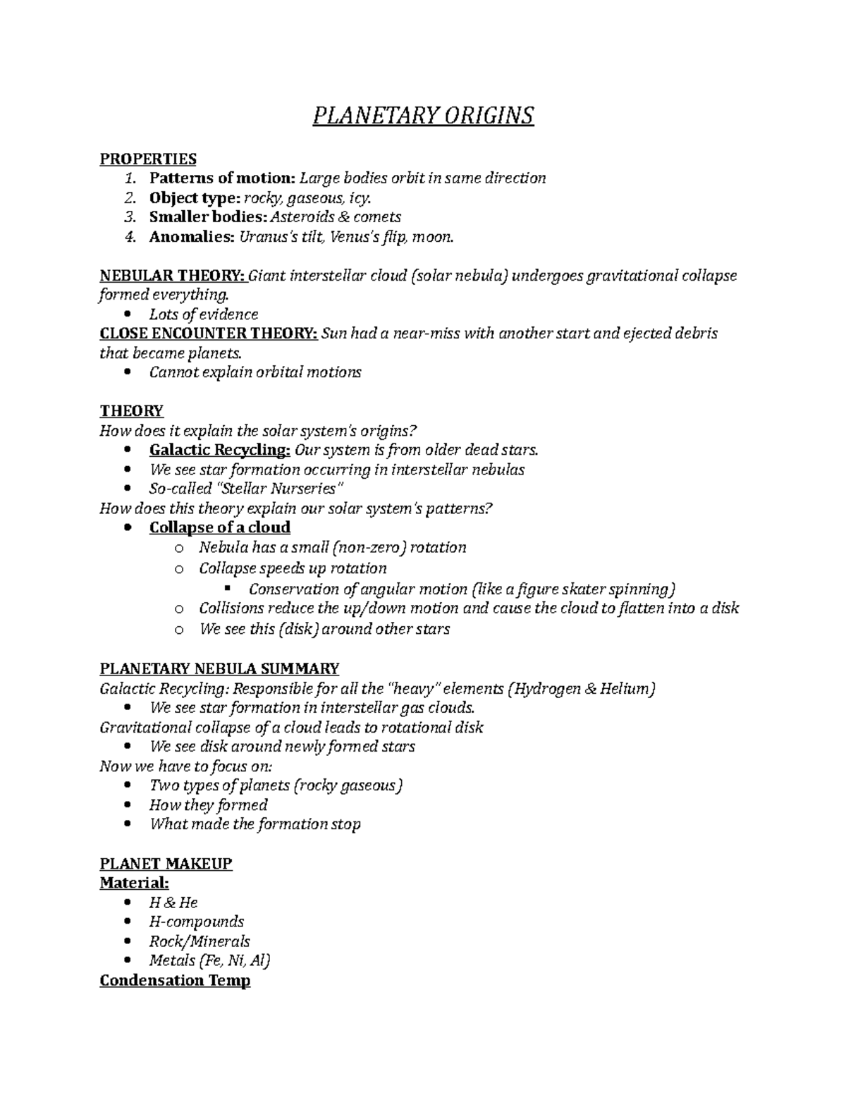 Astronomy Notes - PLANETARY ORIGINS PROPERTIES Patterns of motion ...