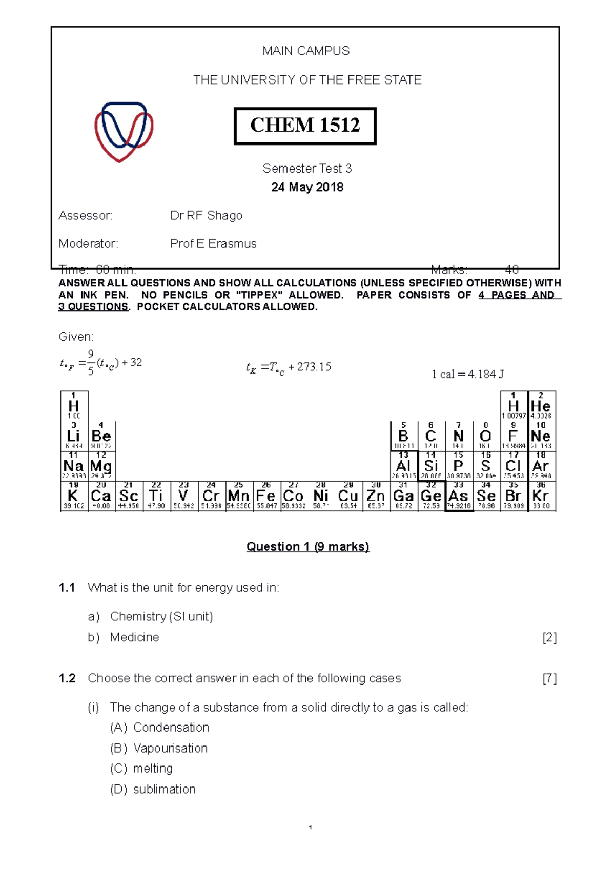CHEM1512 - Sem Test 3 - 2018 - CHEM1513 - UFS UV - Studocu