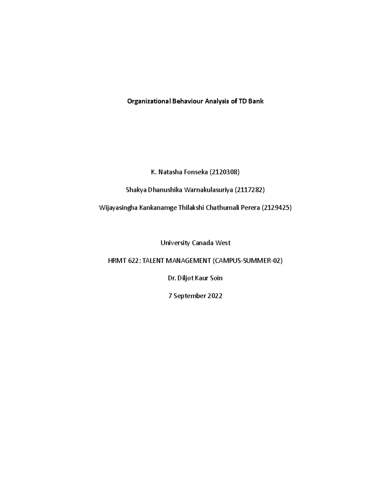 HRMT - Group Project-Final-Report - Organizational Behaviour Analysis ...