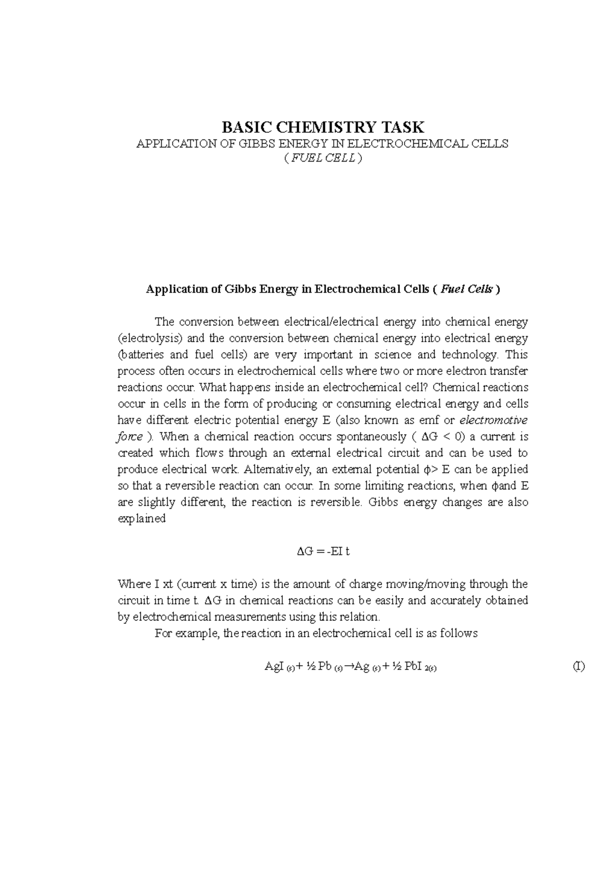 Electrical energy - BASIC CHEMISTRY TASK APPLICATION OF GIBBS ENERGY IN ...