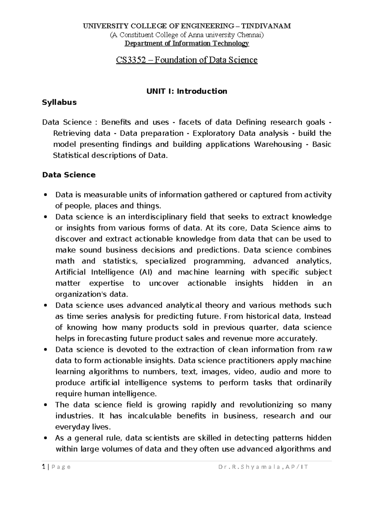Unit I Fds Notes A Constituent College Of Anna University Chennai Department Of Information 