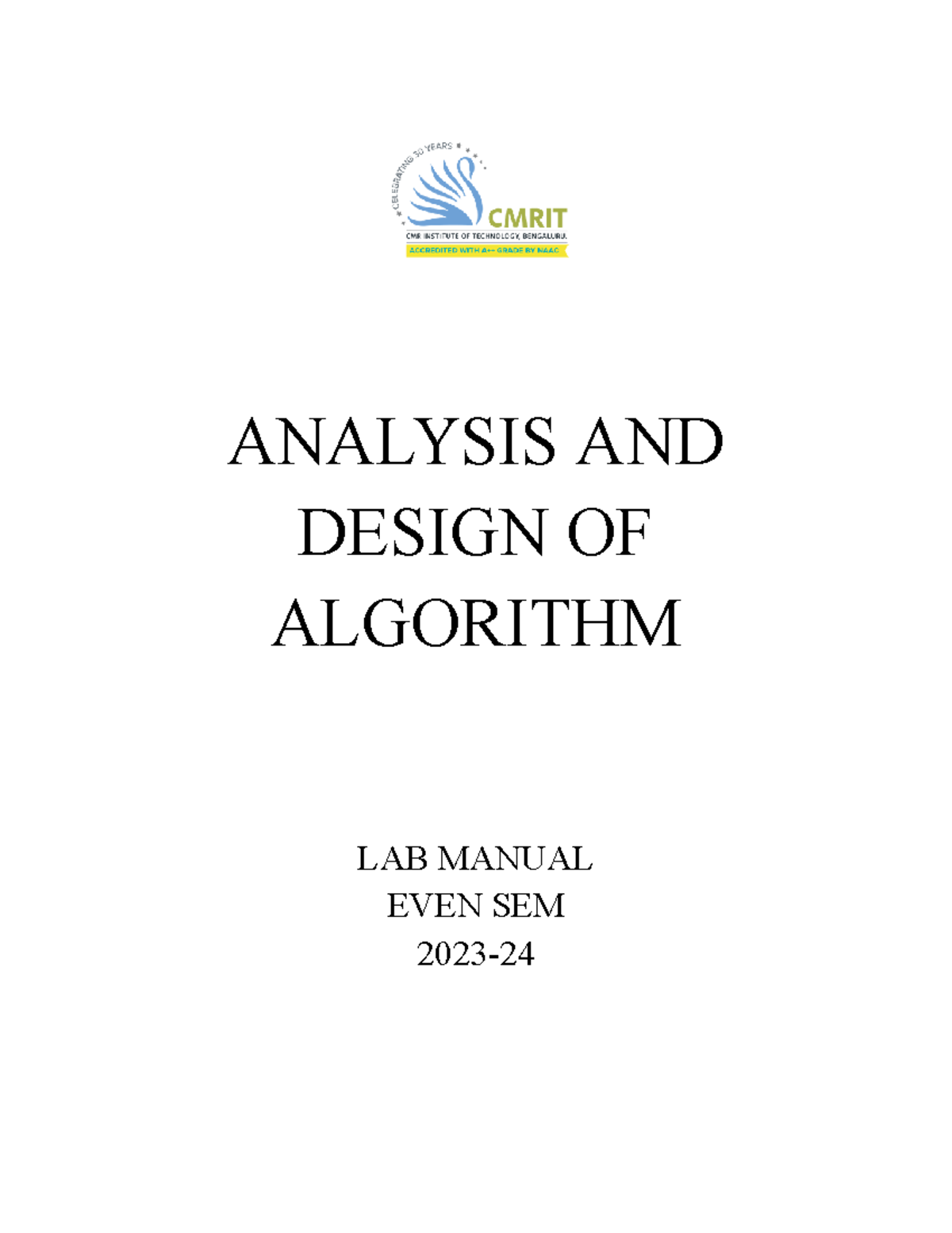 ADA lab manual - ANALYSIS AND DESIGN OF ALGORITHM LAB MANUAL EVEN SEM 2023- Sl o Experiments 1 ...