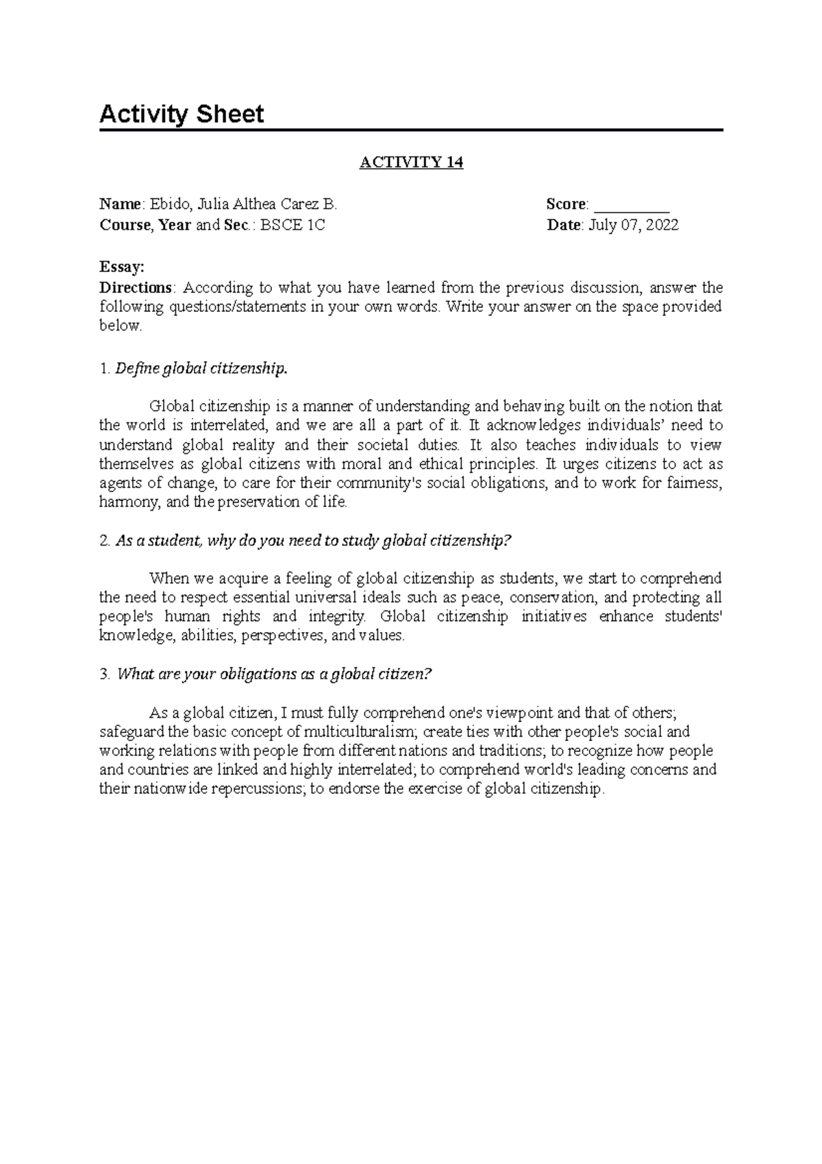 Chapter 14 ( Activity 14) - Activity Sheet ACTIVITY 14 Name: Ebido ...