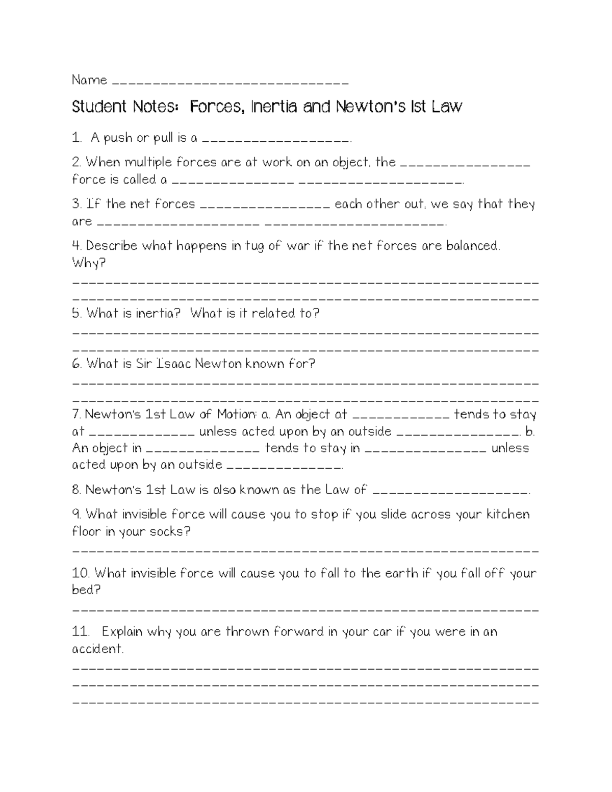Newtons 1stlaw Notes - Name _____________________________ Student Notes ...