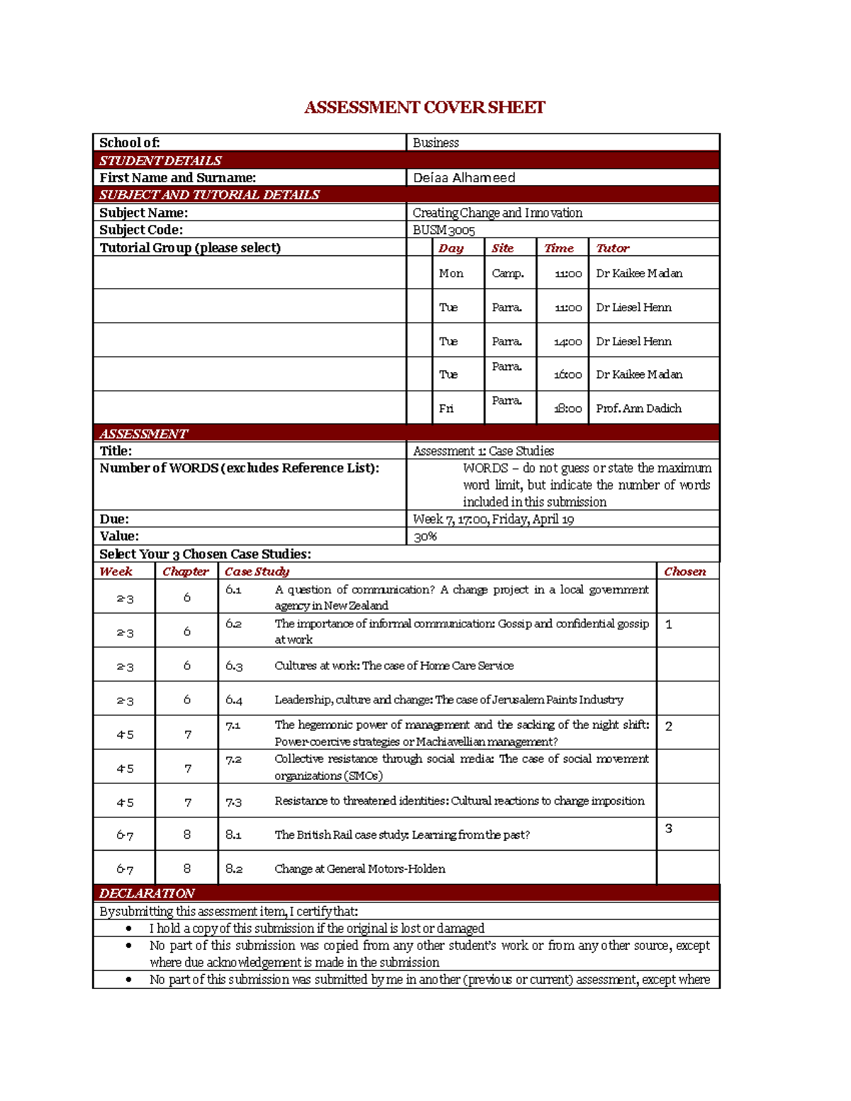 Assessment 1 Cover Sheet & Guide - ASSESSMENT COVER SHEET School of ...