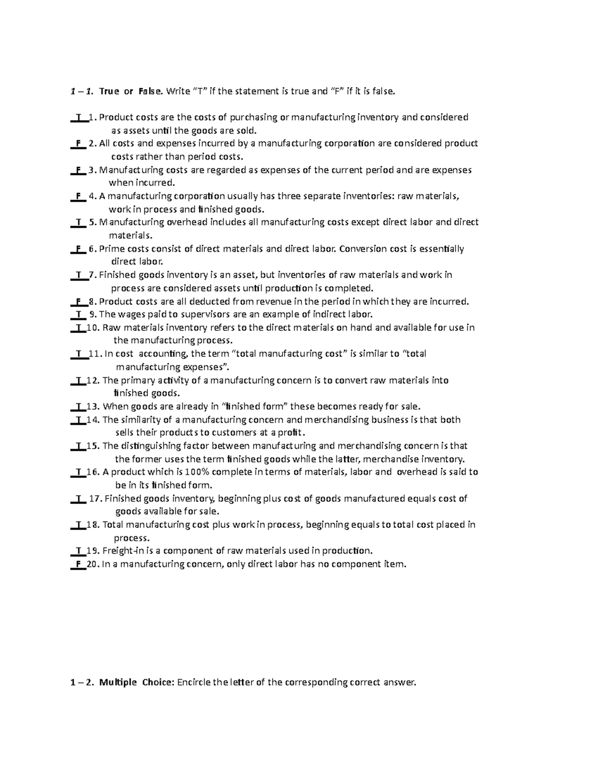 Acctng 223 Assignment 1 Cost Concepts - 1 – 1. True or False. Write “T ...