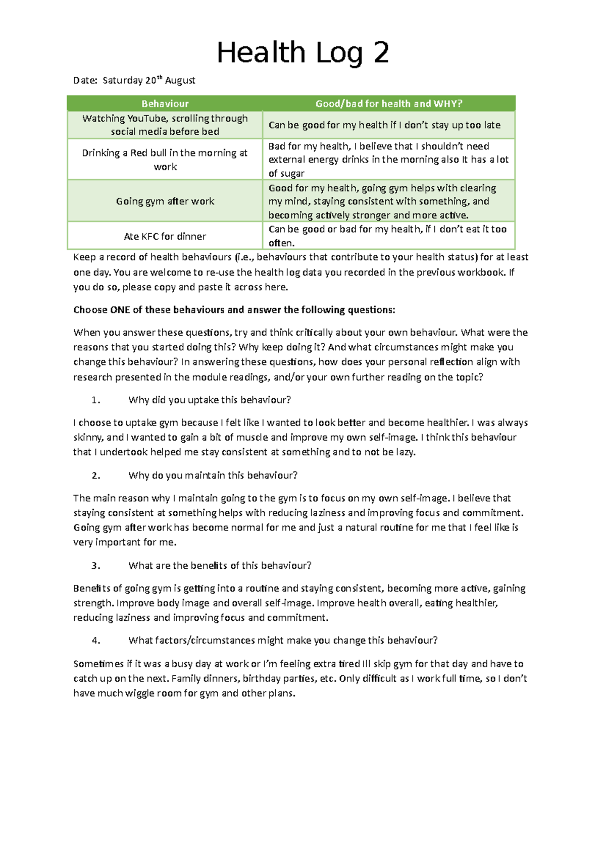 Module 3 Workbook Activity - Health Log 2 - Health Log 2 Date: Saturday ...