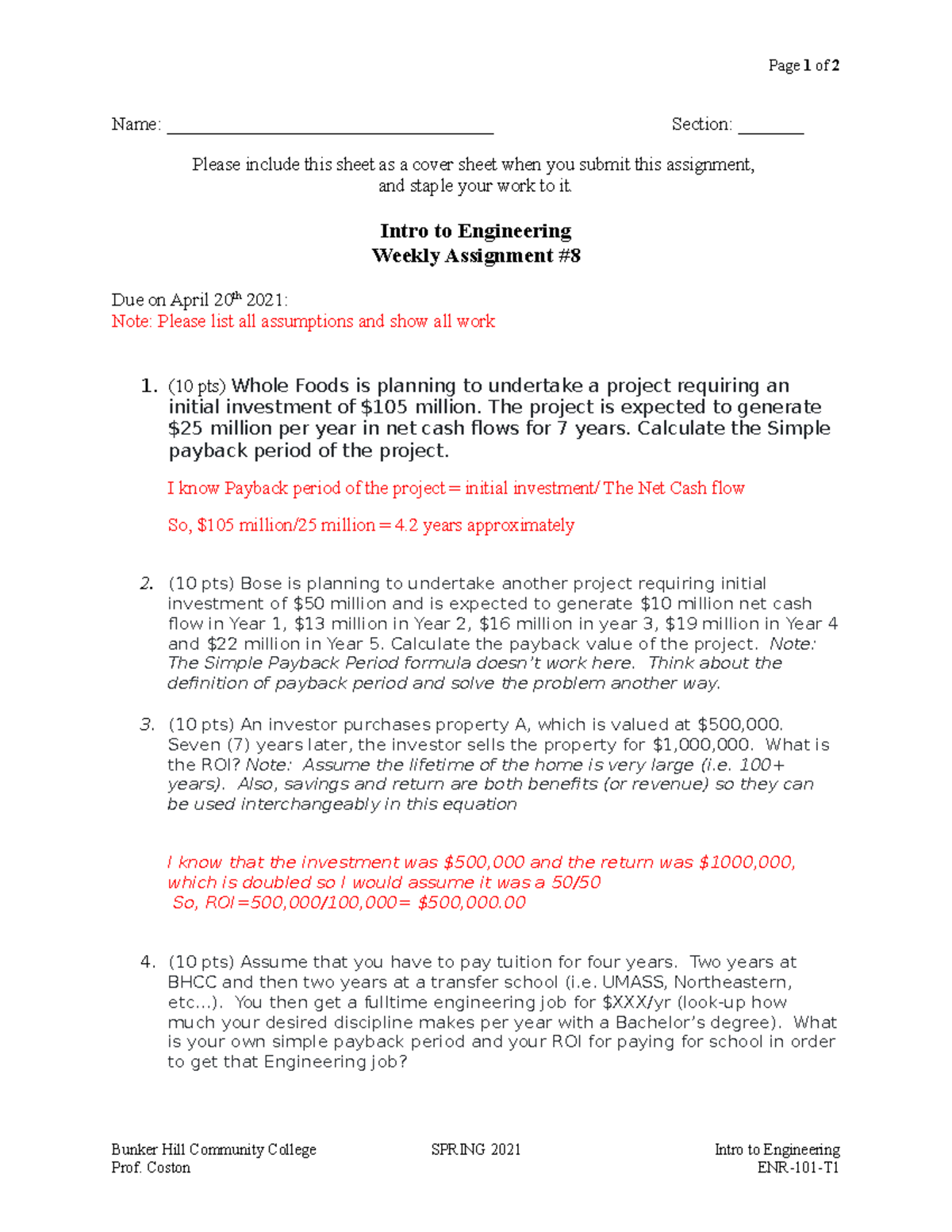 Intro to Engineering Homework 8 done - Page 1 of 2 Name