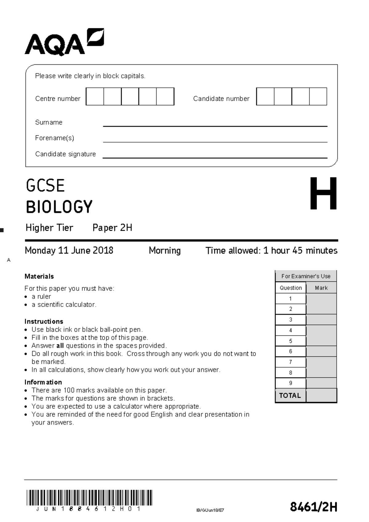 AQA GCSE Biology Higher Paper 2 June 2018 - JUN1884612h01 IB/G/Jun18/E7 8461/2H ####### For ...