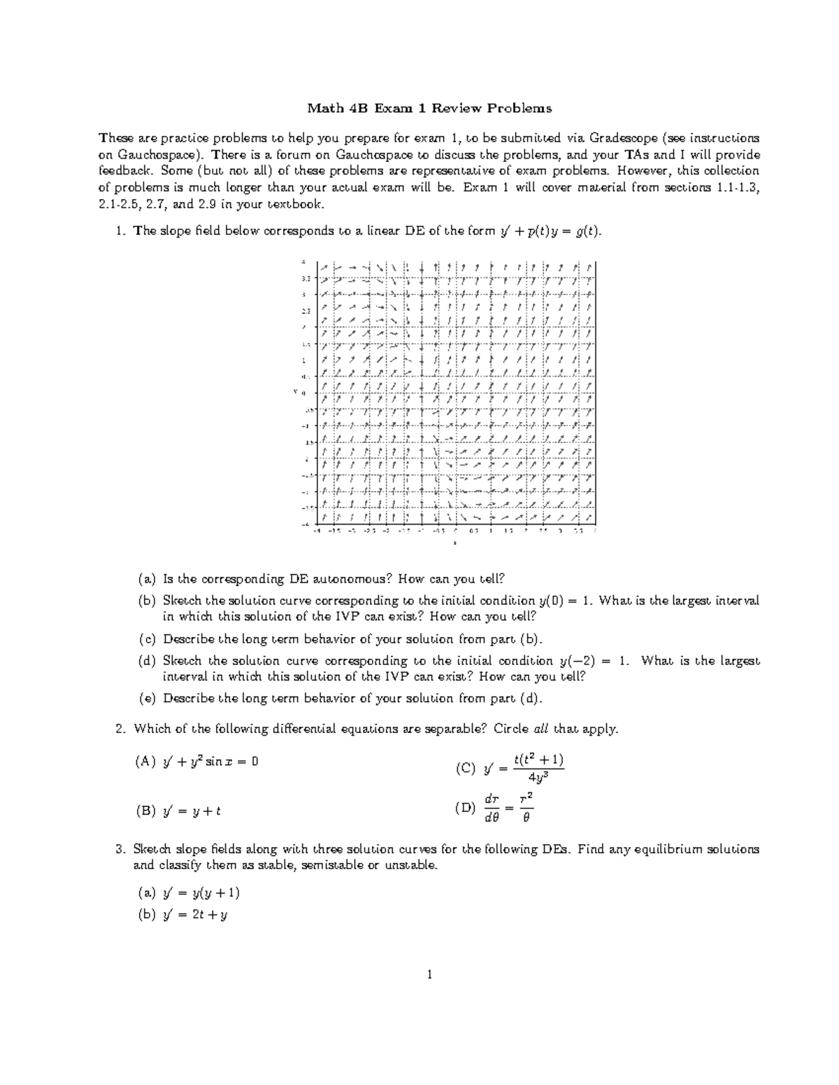 4B Exam 1 Review Problems - Math 4B Exam 1 Review Problems These are practice problems to help ...