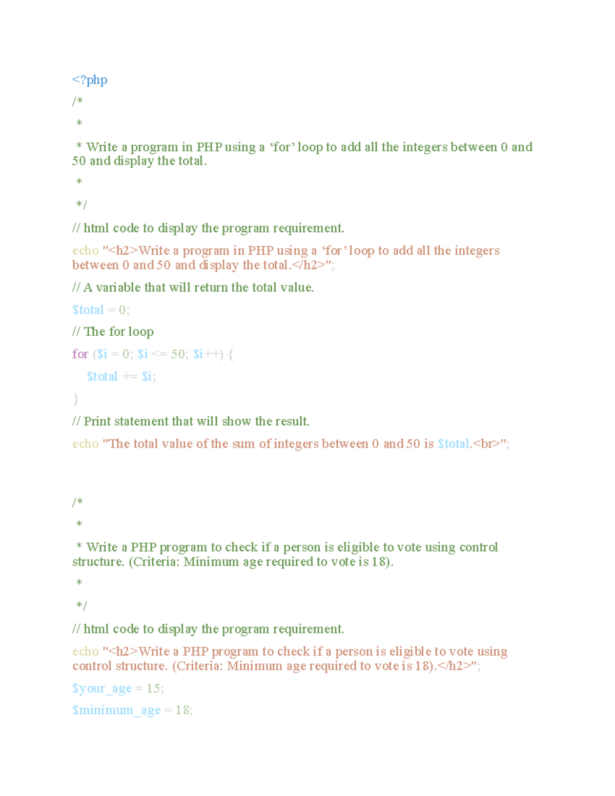 Document 4 Write A Program In Php Using A ‘for Loop To Add All The Integers Between 0