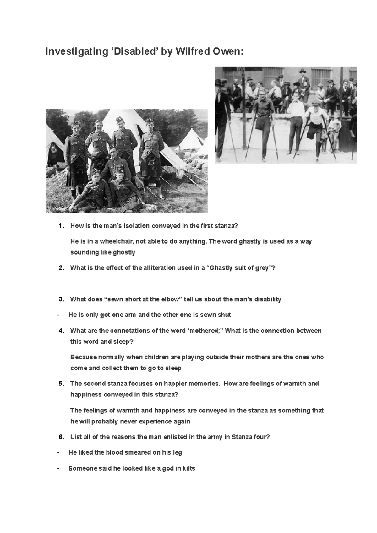 'Disabled' Question Sheet - Investigating ‘Disabled’ by Wilfred Owen: How is the man’s isolation ...