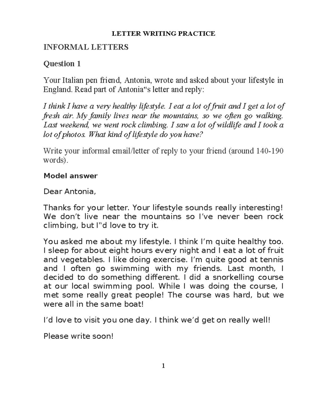 Letter Writing Practice - LETTER WRITING PRACTICE INFORMAL LETTERS ...