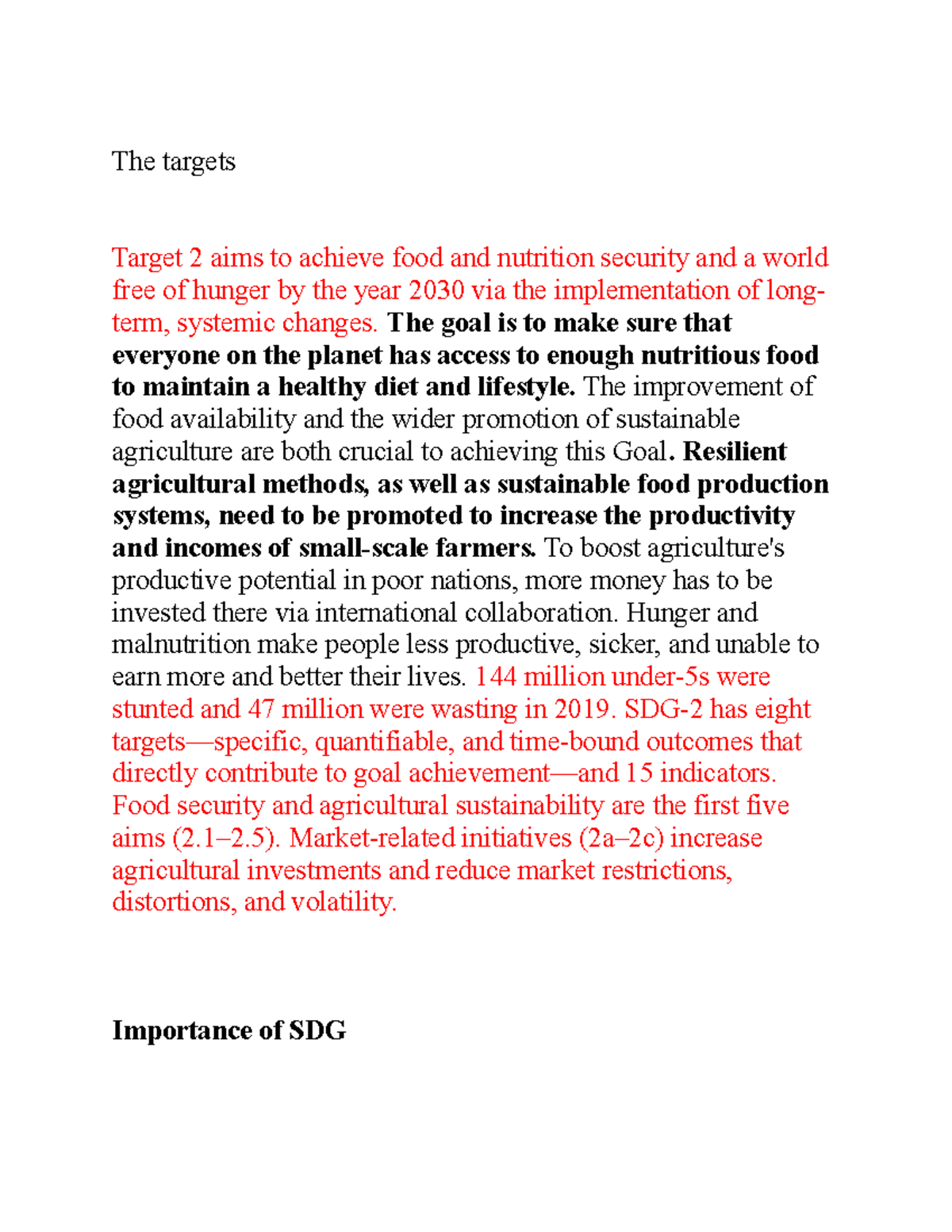 SDG2 notes - its an assignment - The targets Target 2 aims to achieve ...