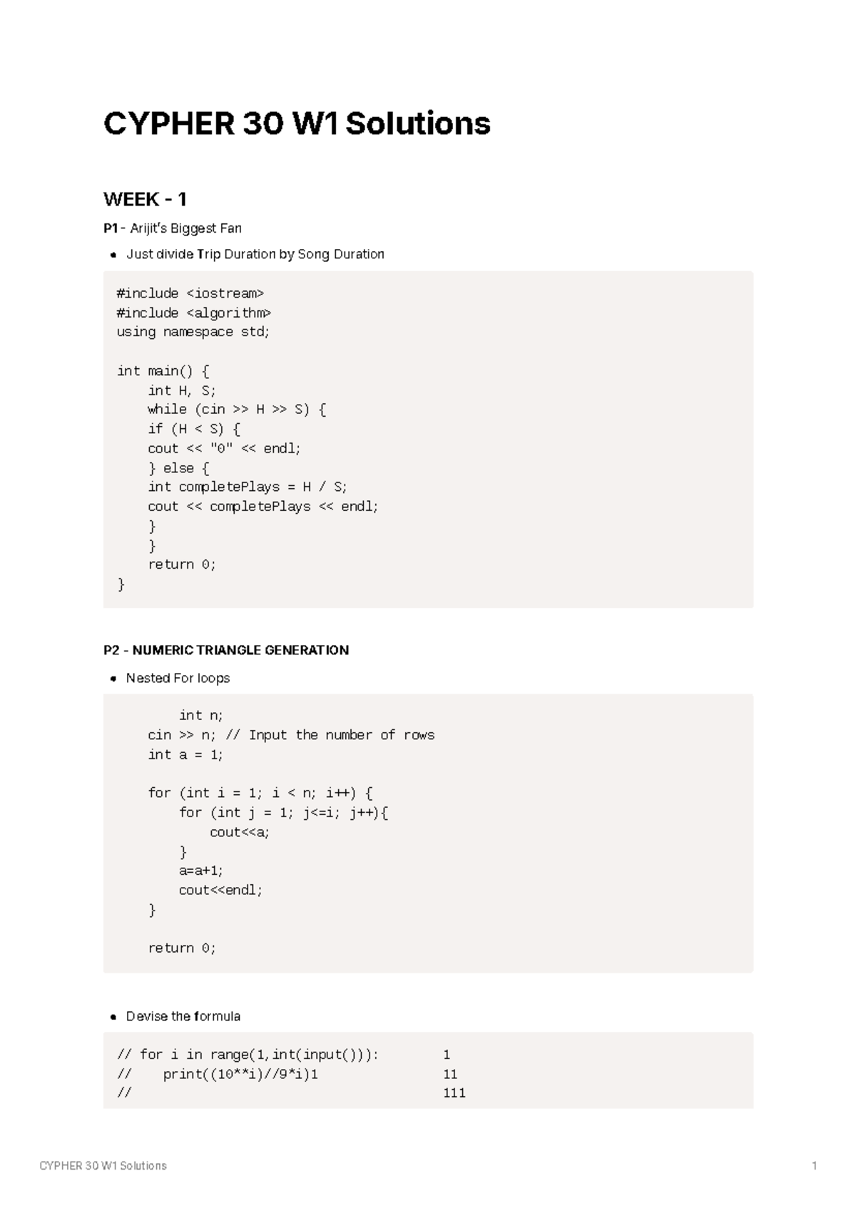 Cypher 30 Solutions W1 - CYPHER 30 W1 Solutions WEEK - 1 P1 Arijitʼs ...