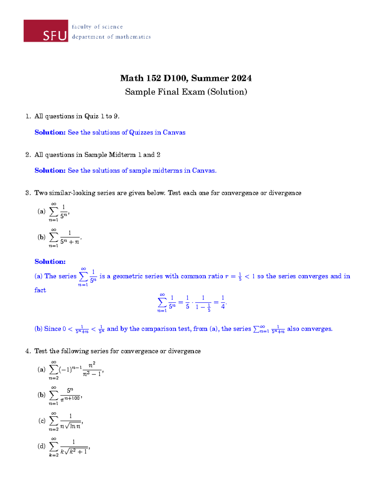Sample Final-sol - answer key final - Sample Final Exam (Solution) All ...