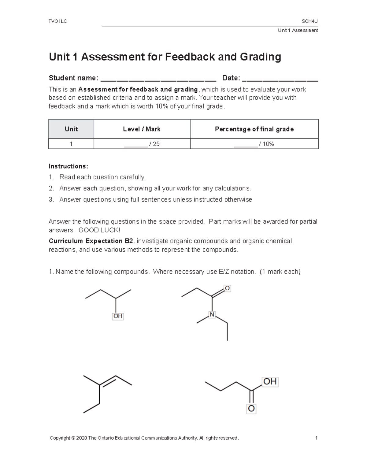 Unit 1 Assessment SCH4U - Unit 1 Assessment for Feedback and Grading ...