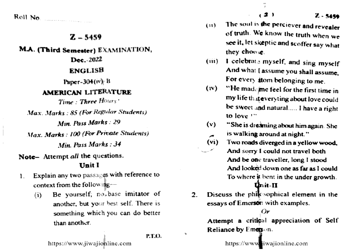 Ma 3 sem english american literature z 5459 dec 2022 - Roll No ( 2 ) Z ...