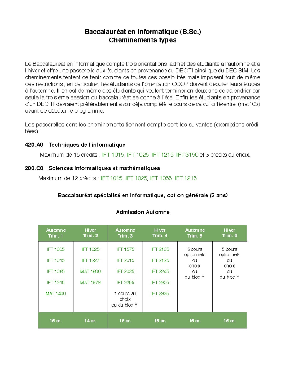 Cheminements BSc - exemples de cheminement informatique - Baccalauréat en informatique (B ...