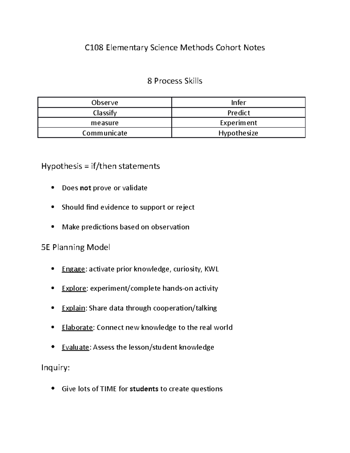 C108 Elementary Science Methods Cohort Notes - engage in literature ...