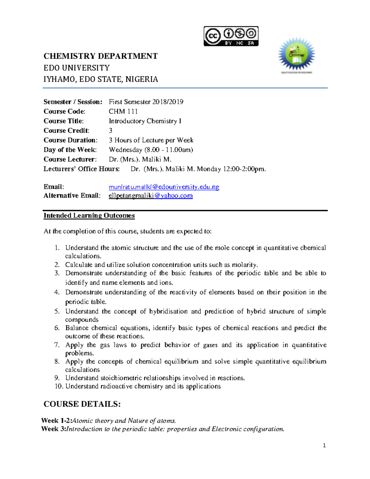 Chemistry 111 NOTE - CHEMISTRY DEPARTMENT EDO UNIVERSITY IYHAMO, EDO ...