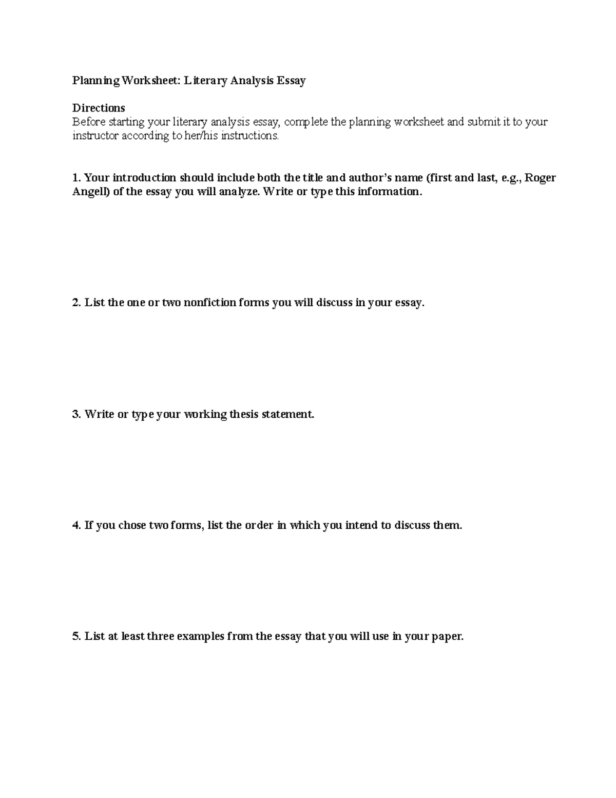 ENC1102 Literary Analysis Essay Worksheet - Planning Worksheet ...