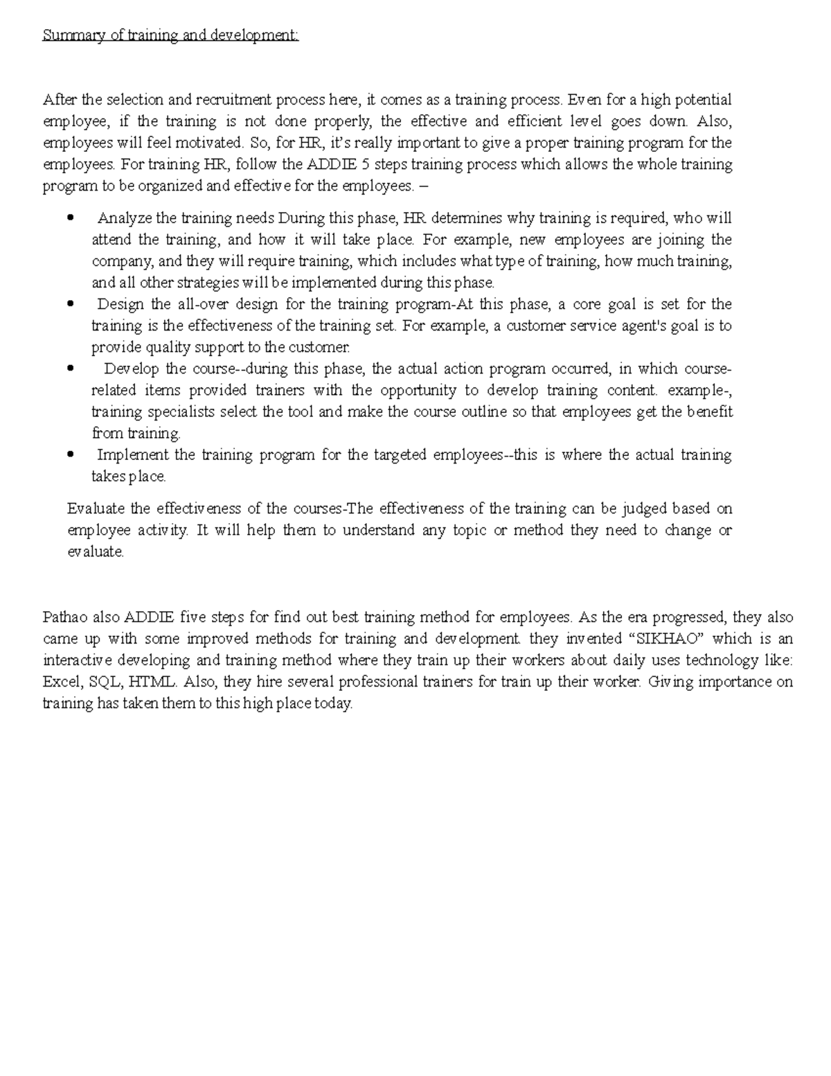 Summary of training and development - Even for a high potential ...