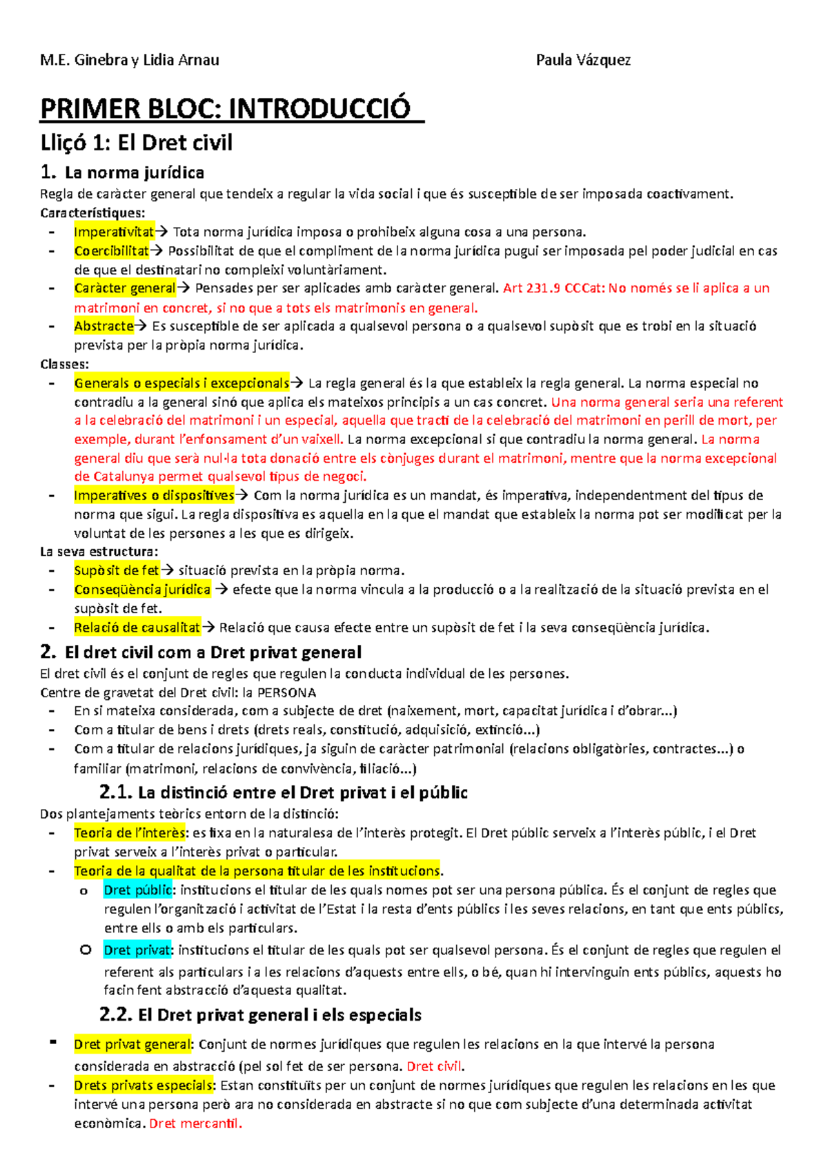 Civil Imprimir - PRIMER BLOC: INTRODUCCIÓ Lliçó 1: El Dret civil 1. La ...