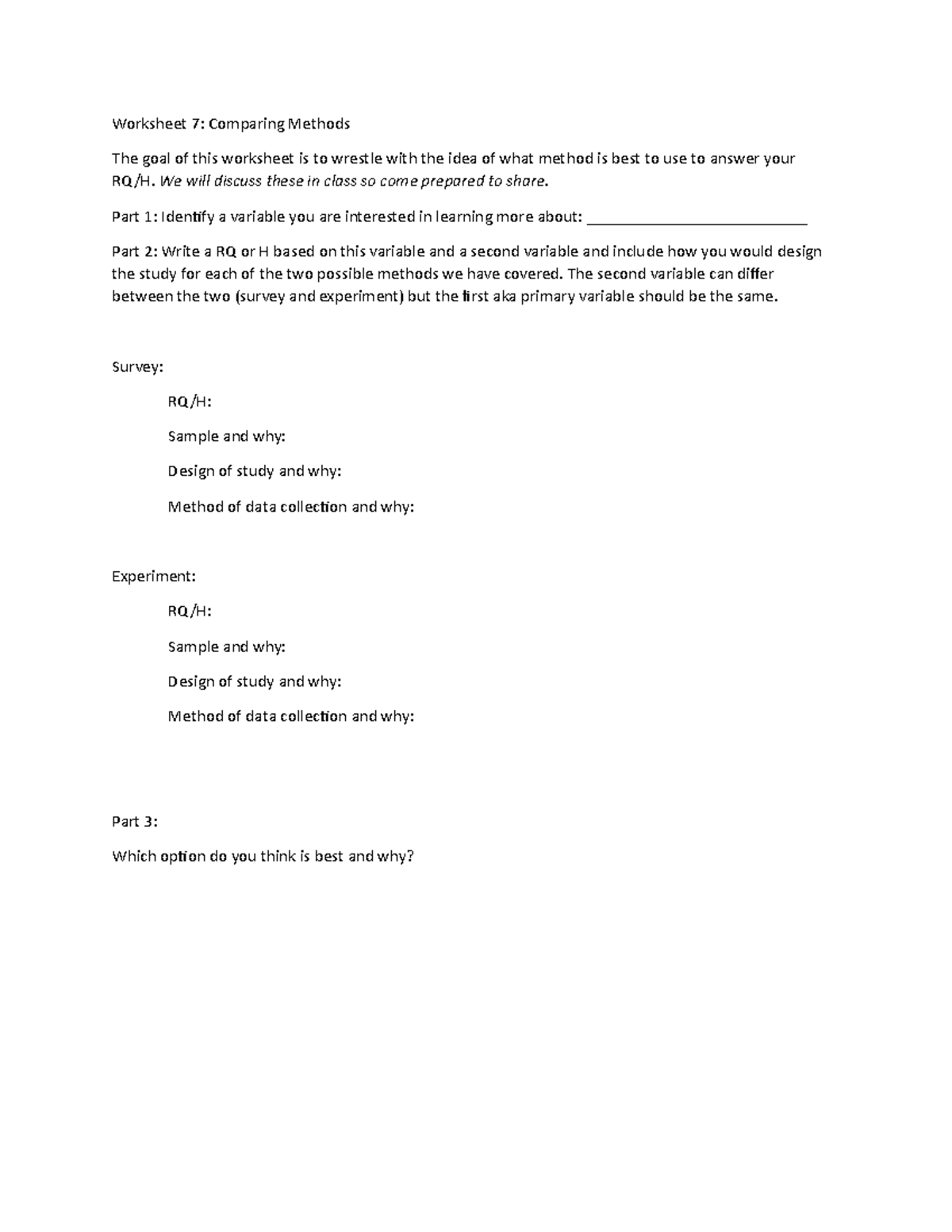 Worksheet 7 Comparing Methods - Worksheet 7: Comparing Methods The goal ...