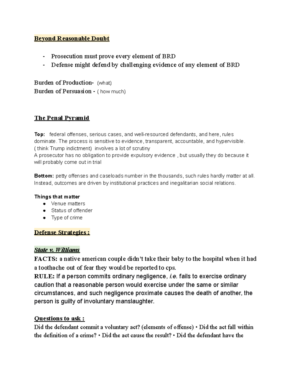 Crim Outline - Prof. Capers - Beyond Reasonable Doubt Prosecution must ...