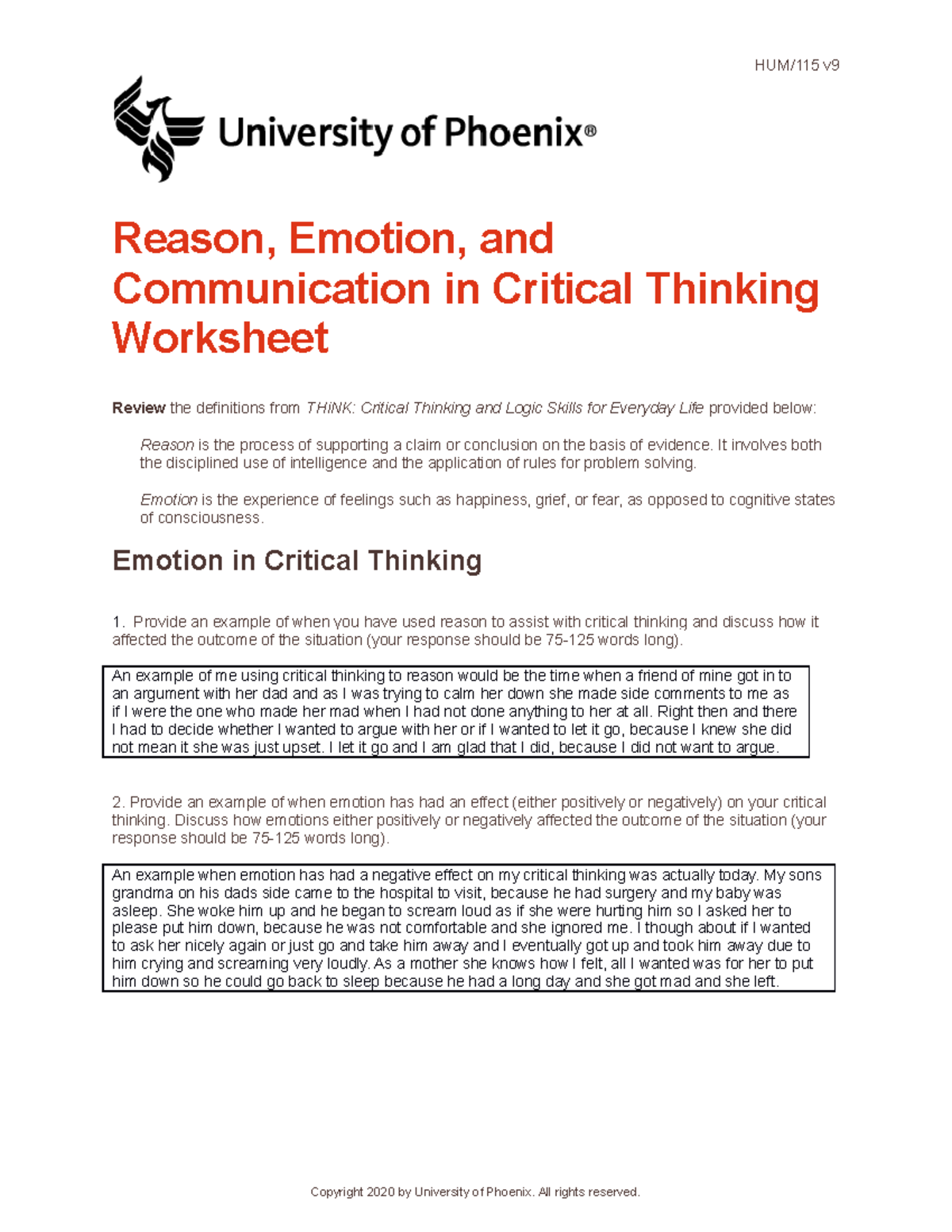 HUM115 v9 wk2 Reason Emotion Communication Wkst - HUM/115 v Reason, Emotion, and Communication ...