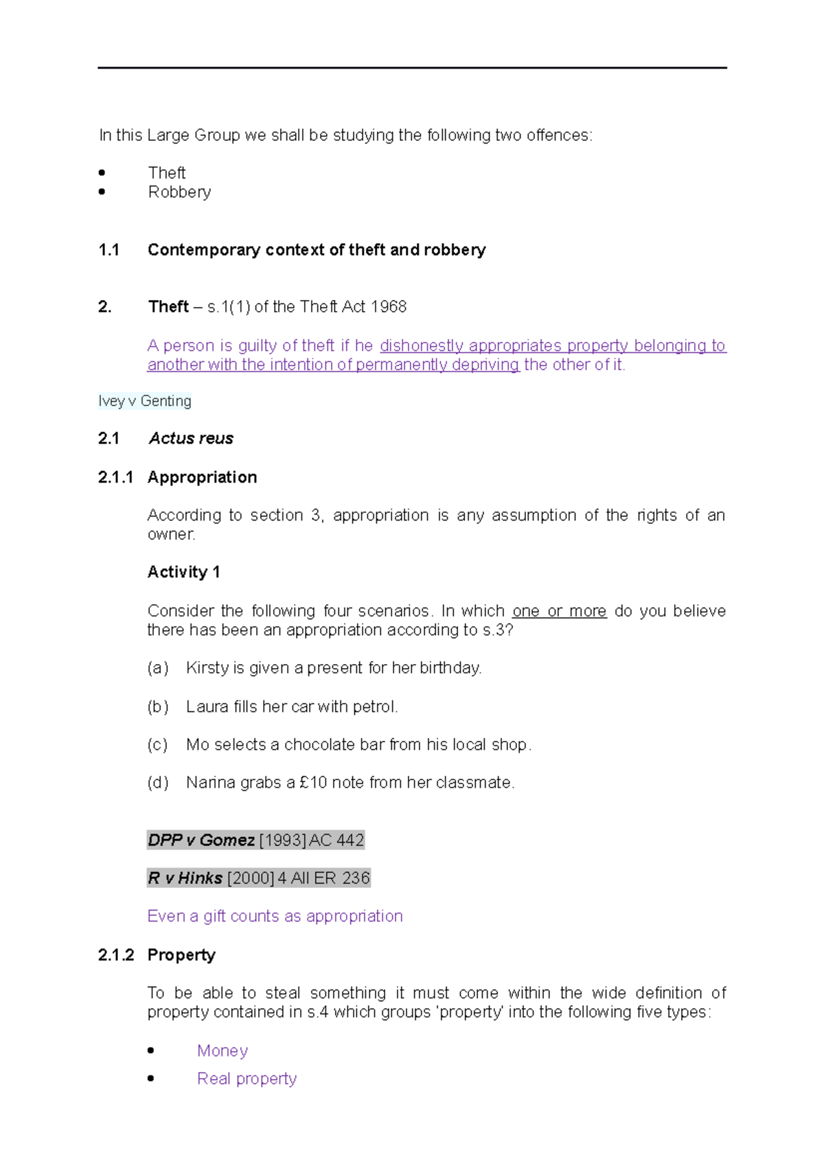 LG 8 Theft and Robbery - Full lecture notes LLB Law - In this Large ...