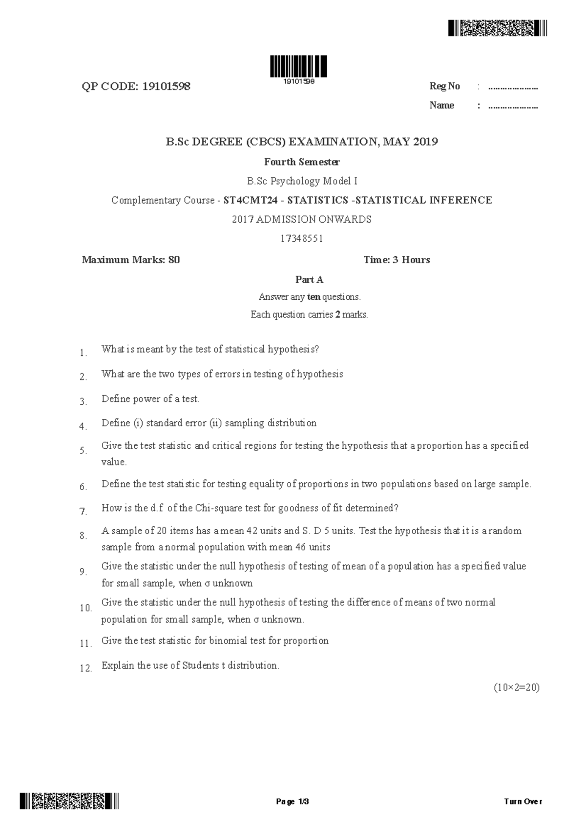 PS4SIC 2019 MAY Statistics - Statistical Inference - QP CODE: 19101598 ...