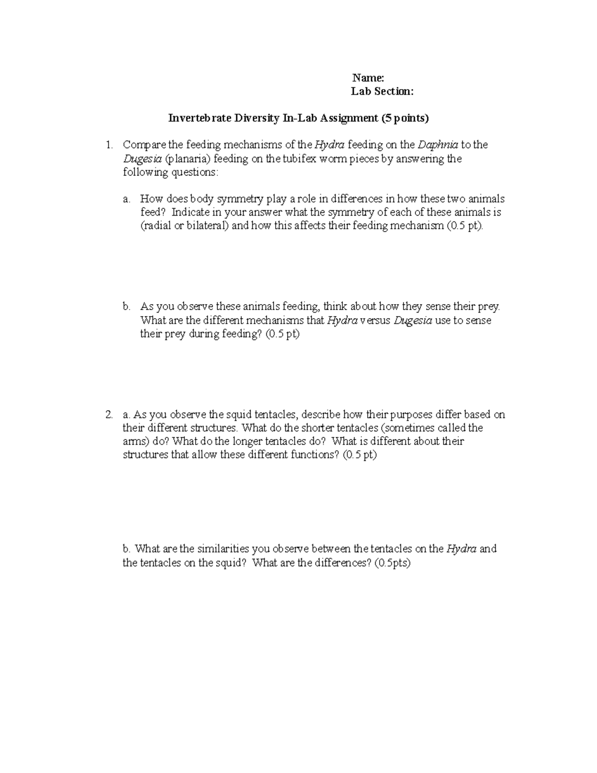 Invertebrate Diversity In-lab assignment-102+124 - Name: Lab Section ...