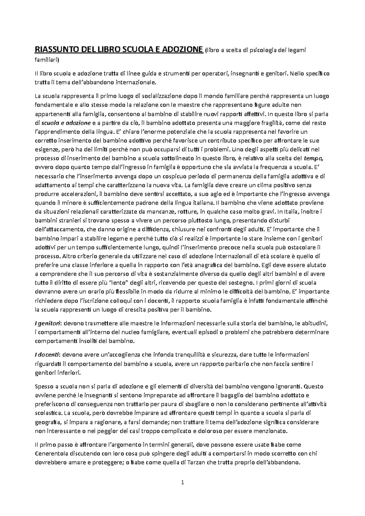 Riassunto del lilbro scuola e adozione - RIASSUNTO DEL LIBRO SCUOLA E ADOZIONE (libro a scelta ...