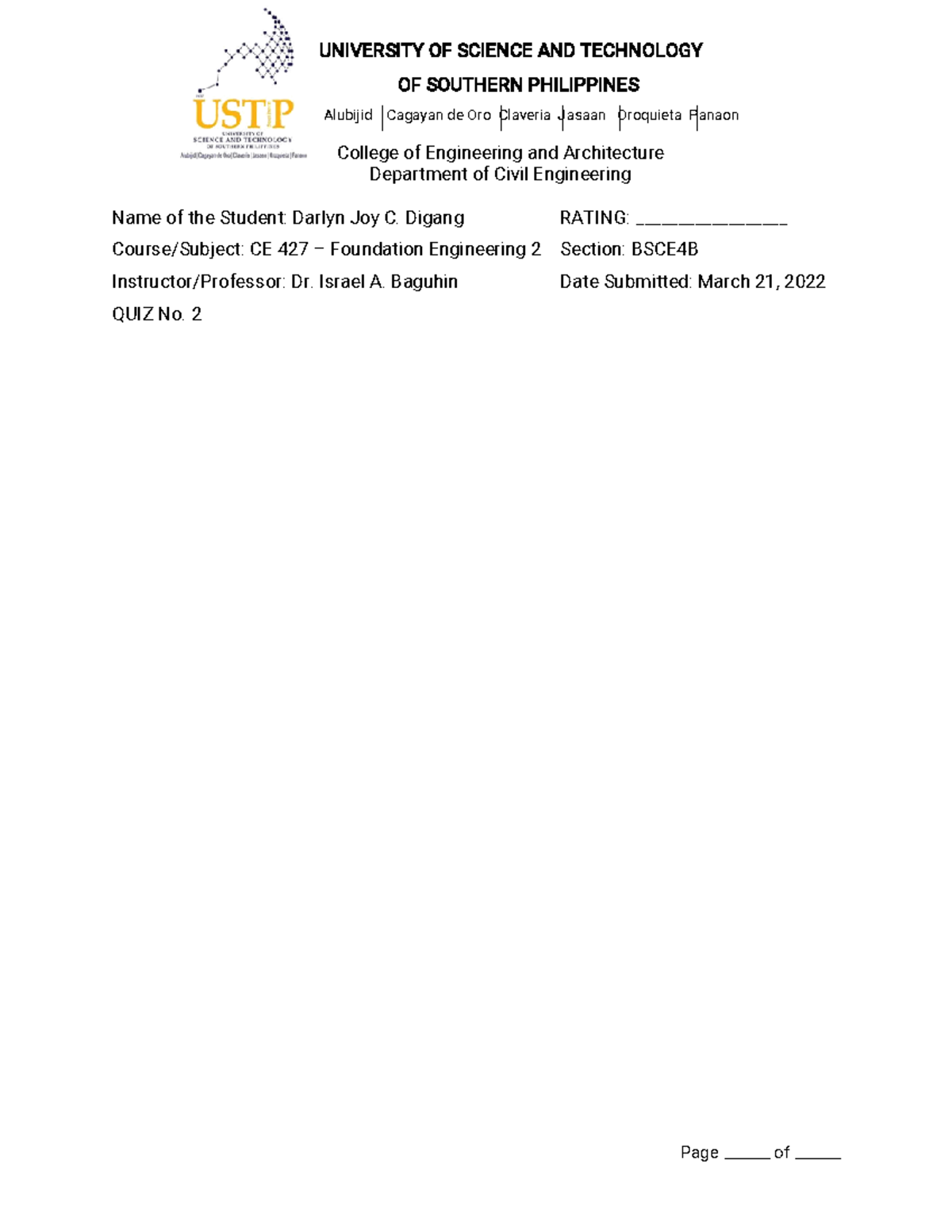 QUIZ NO. 2 - BS Tourism Management - Page______of ...