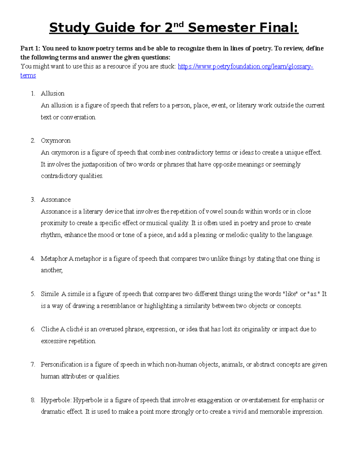 Study Guide for 2nd Semester Final - Study Guide for 2nd Semester Final ...