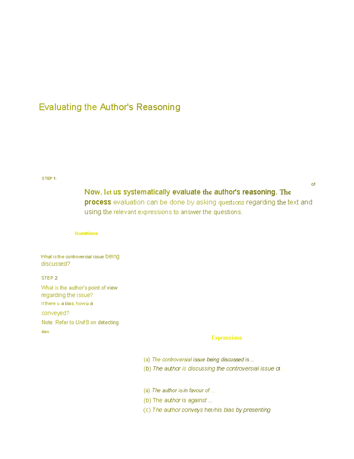 ELC501 Tips on how to Evaluate the Author's Reasoning - Evaluating the ...