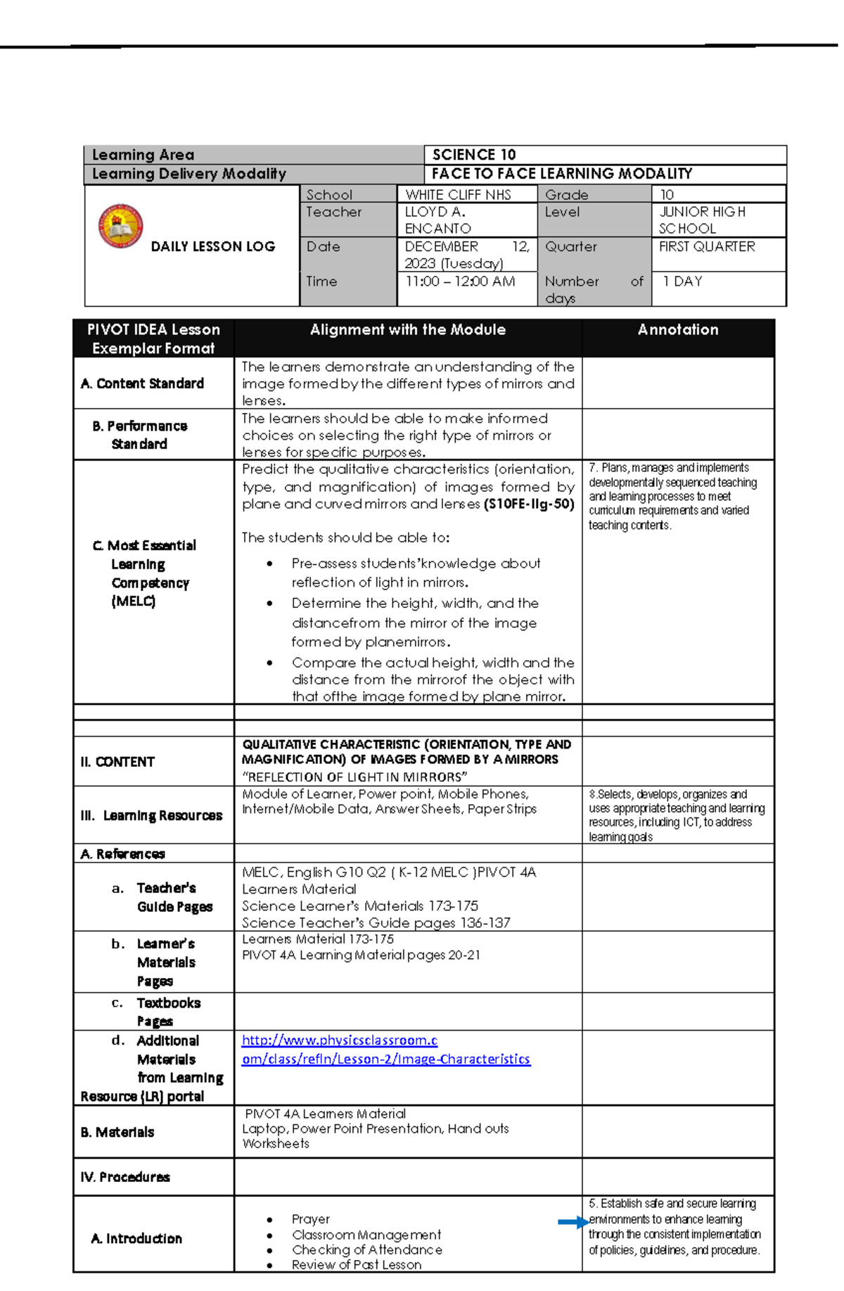 Mirror dlp - lesson plan - A. Introduction Learning Area SCIENCE 10 ...