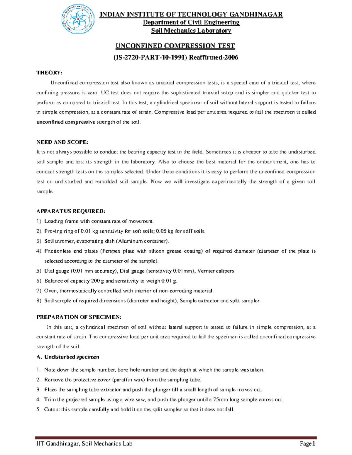 Unconfined Compression TEST lab manual - Department of Civil ...