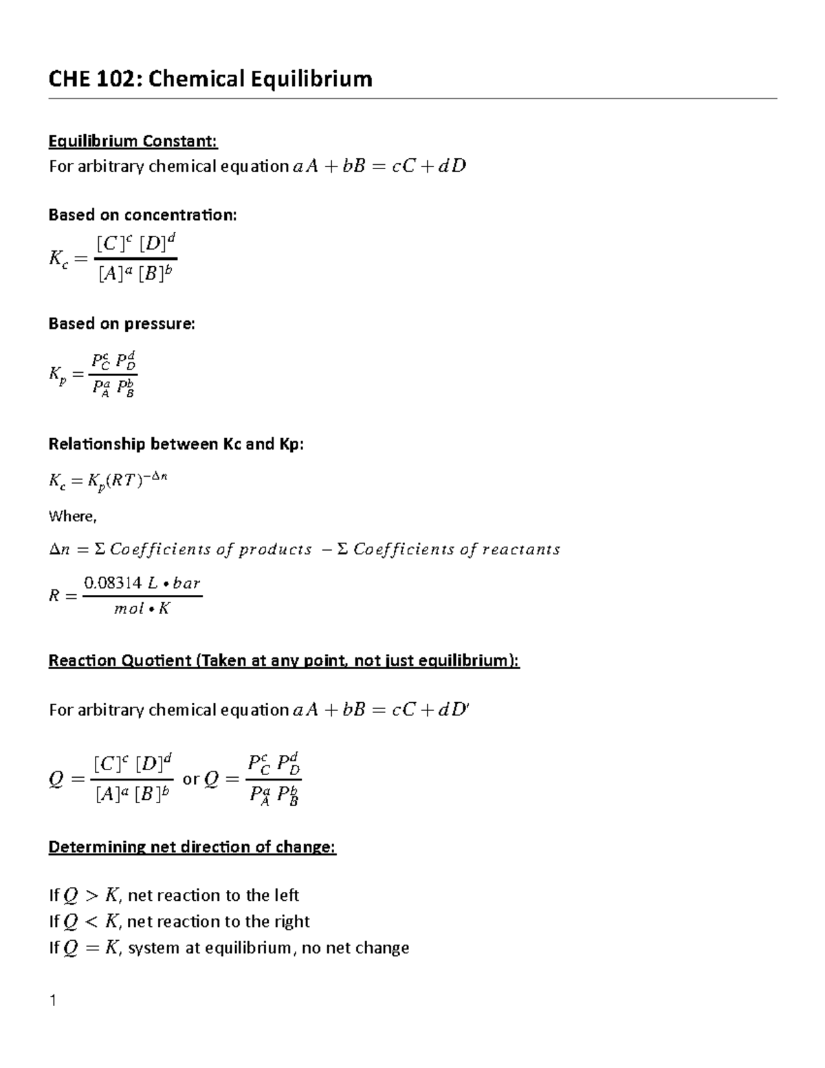 Chemical Equilibrium Equation Sheet - CHE 102: Chemical Equilibrium ...