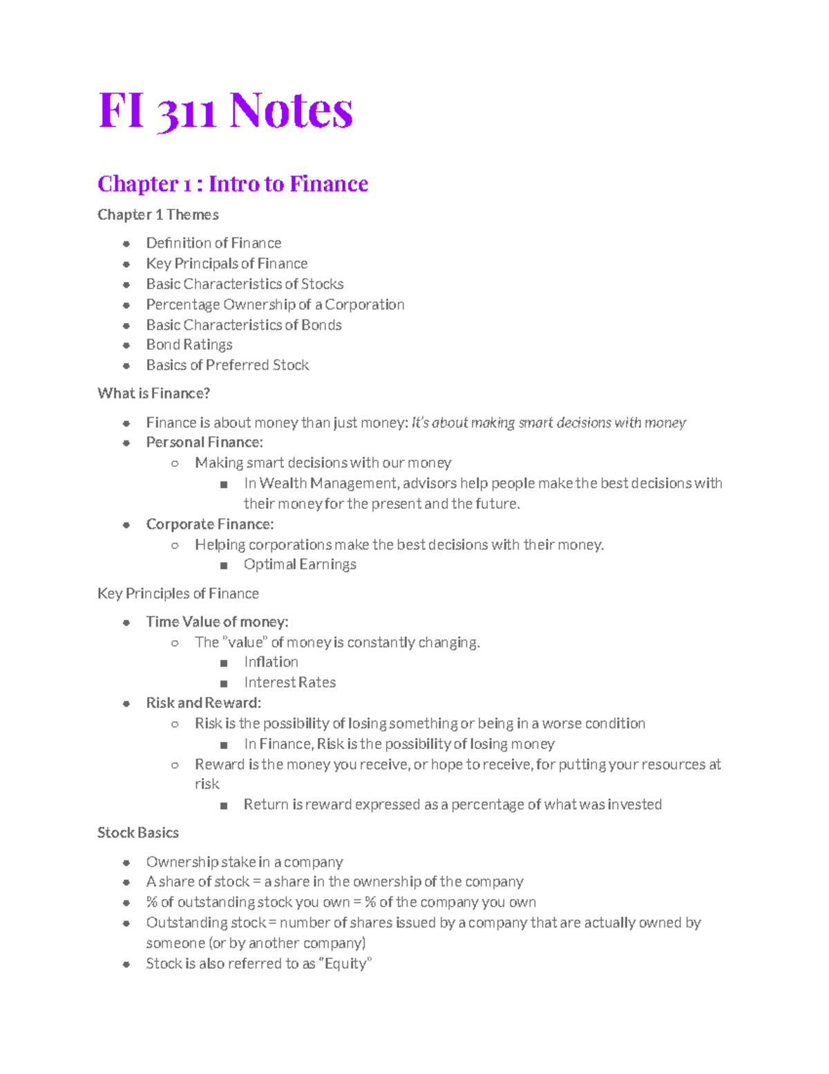 FI 311 Notes - FI 311 Notes Chapter 1 : Intro to Finance Chapter 1 ...