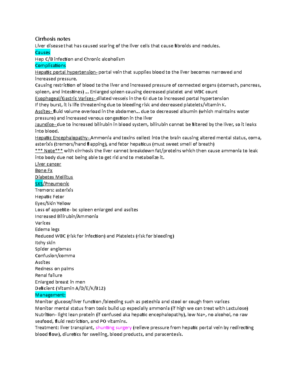 Cirrhosis notes- Exam 3 content. Med Surg - Cirrhosis notes Liver ...