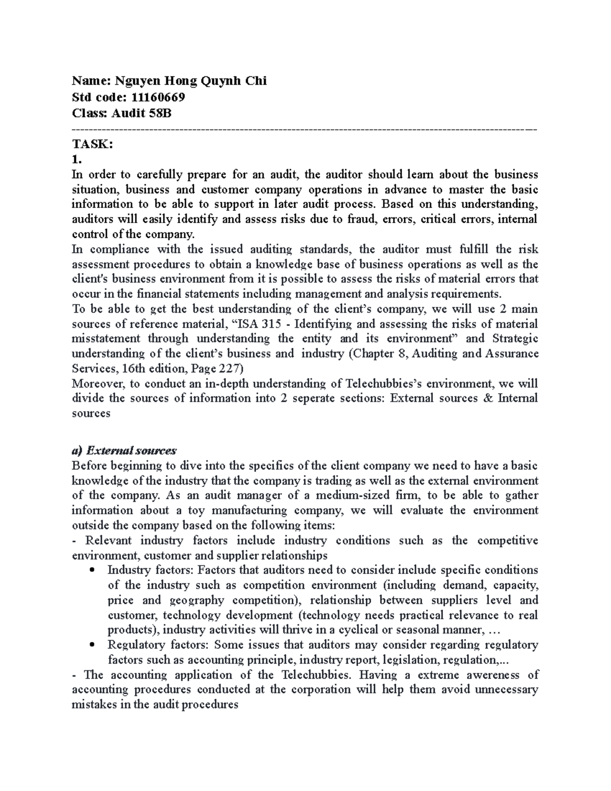 Individual assignment - Financial Auditing 1 - Name: Nguyen Hong Quynh ...