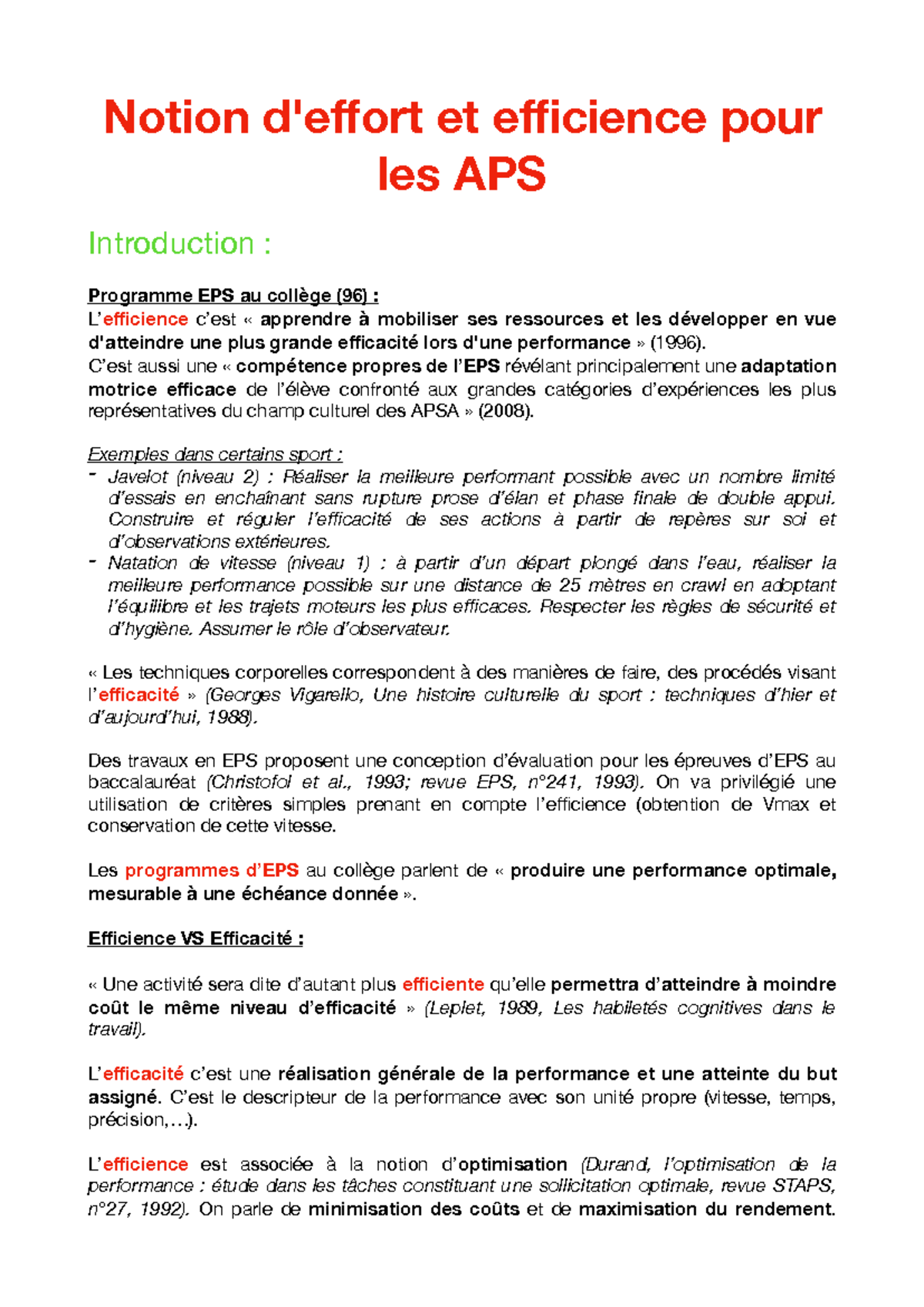 4 - Effort et efficience - Notion d'effort et efficience pour les APS ...